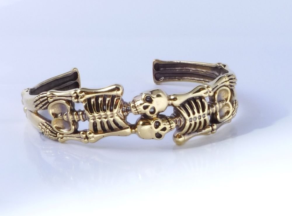 GOLD COLOR BRASS SKELETON SKULL BIKER CUFF BANGLE / BRACELET