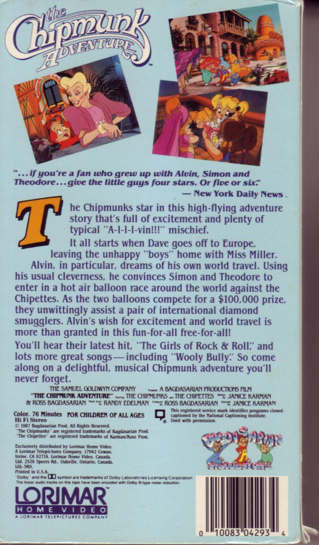 THE CHIPMUNK ADVENTURE 1987 RARE!! 76 Minute MOVIE Animated CHIPETTES ...