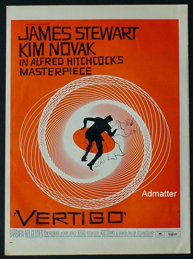 Rare RED Vertigo 1958 Movie Poster Ad Hitchcock S. Bass