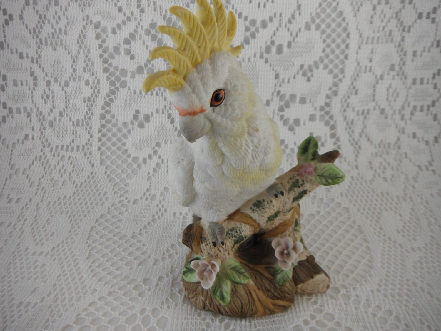 Ceramic Cockatoo Figurine Perched On A Tree Limb Yellow White Delicate ...