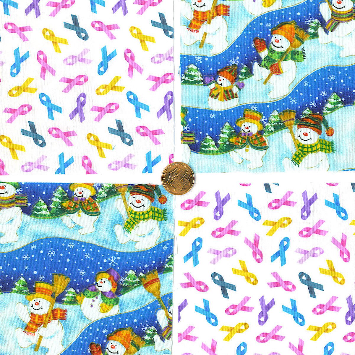 Marching Snowmen Snowman with Colorful Ribons Cotton Fabric Squares ...