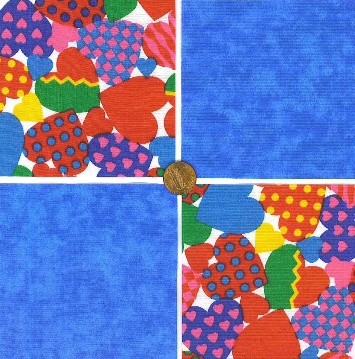Patchwork Hearts Blue 4 inch 100% Cotton Novelty Fabric Quilt Squares DE1