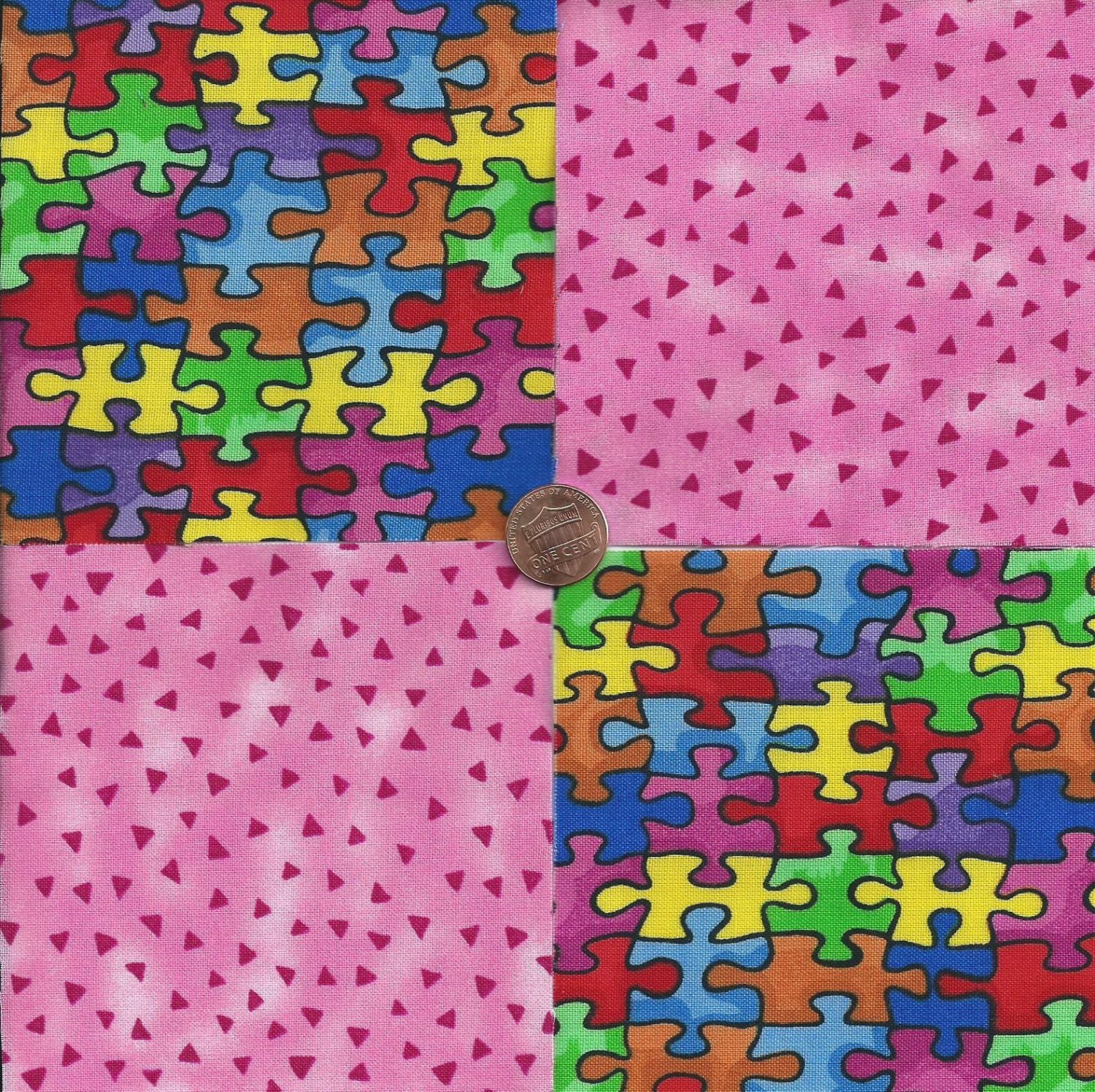 Pink Triangles Puzzle Pieces Autism 100% Cotton Fabric Quilt Square ...