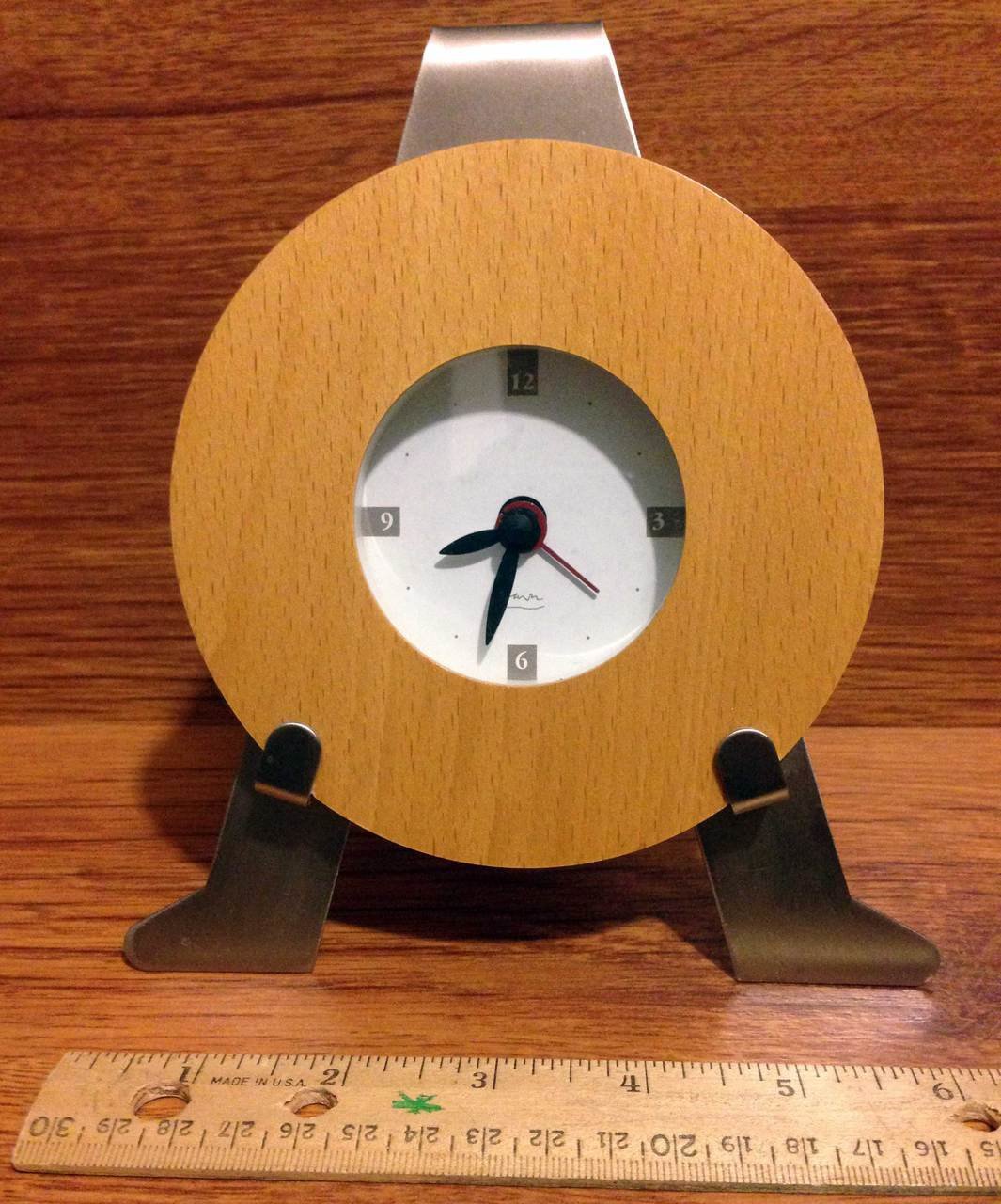 Modern Round Wood Alarm Clock on Stainless Steel Easel
