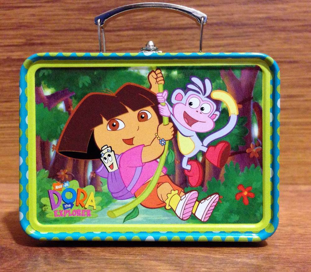 BNIP Mini Dora the Explorer Box Green & Teal Tin Lunch Box Handle ...