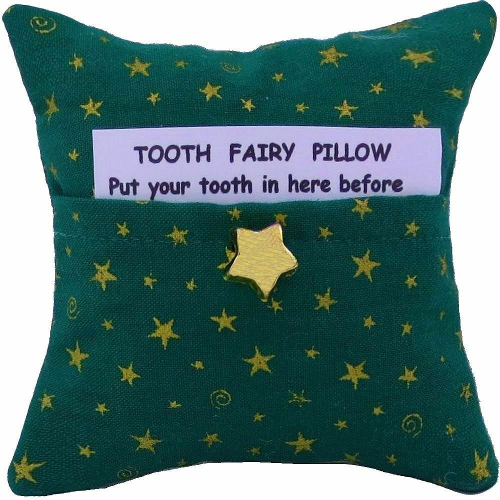 Tooth Fairy Pillow, green, star print fabric, gold star bead trim for ...