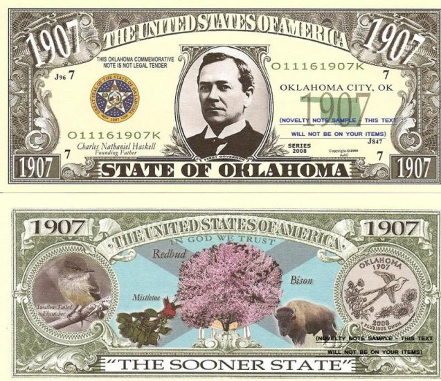 OKLAHOMA THE SOONER STATE 1907 DOLLAR BILLS x 2 OK