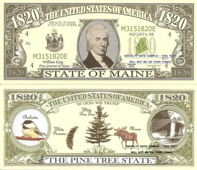MAINE THE PINE TREE STATE 1820 DOLLAR BILLS x 2 ME