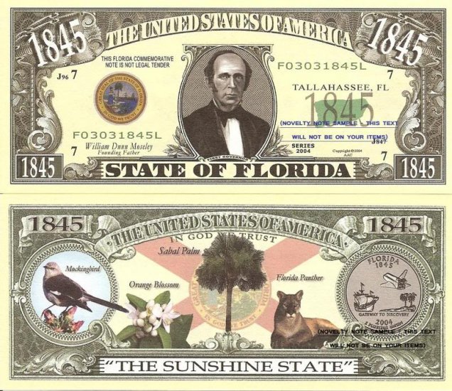 FLORIDA THE SUNSHINE STATE 1845 DOLLAR BILLS x 2 FL