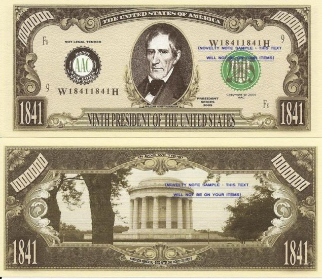 9th PRESIDENT WILLIAM H HARRISON MILLION DOLLAR BILLS x 2