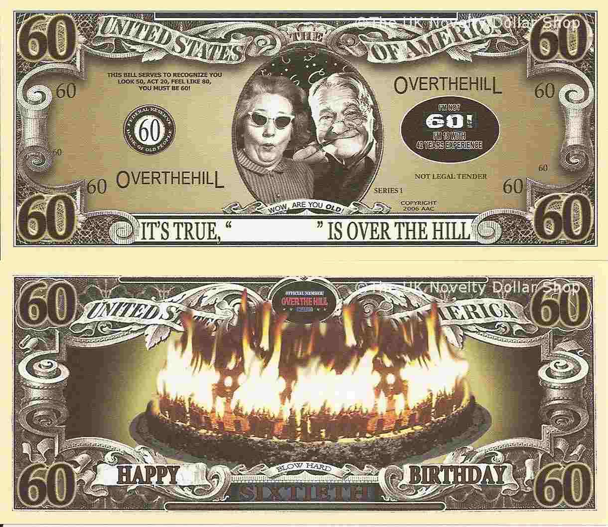 60th Birthday Over the Hill Dollar Bills x 2 Happy 60 Sixty Sixtieth ...