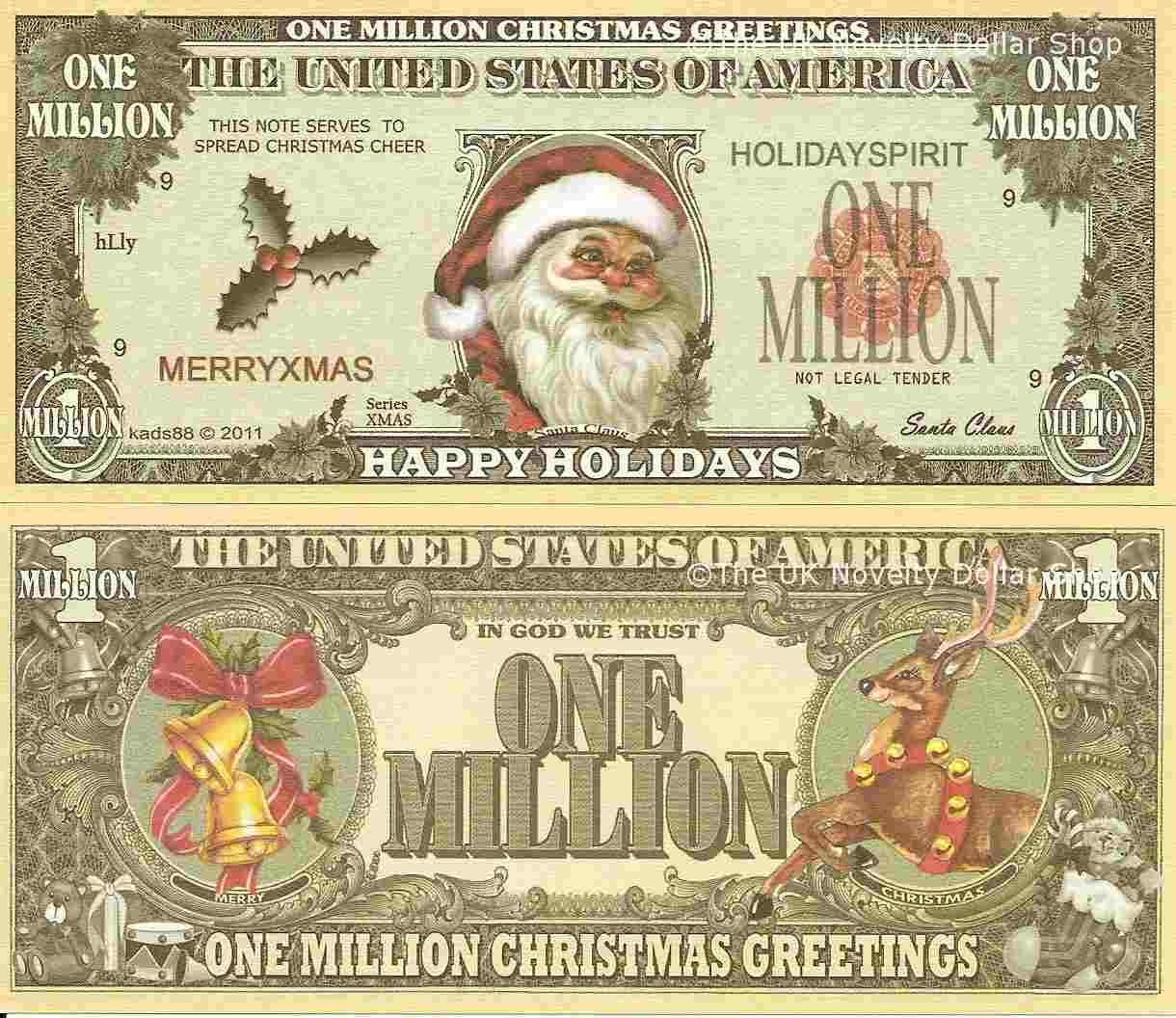 Santa Claus Happy Holidays Christmas Million Dollar Bills x 2 New Greetings