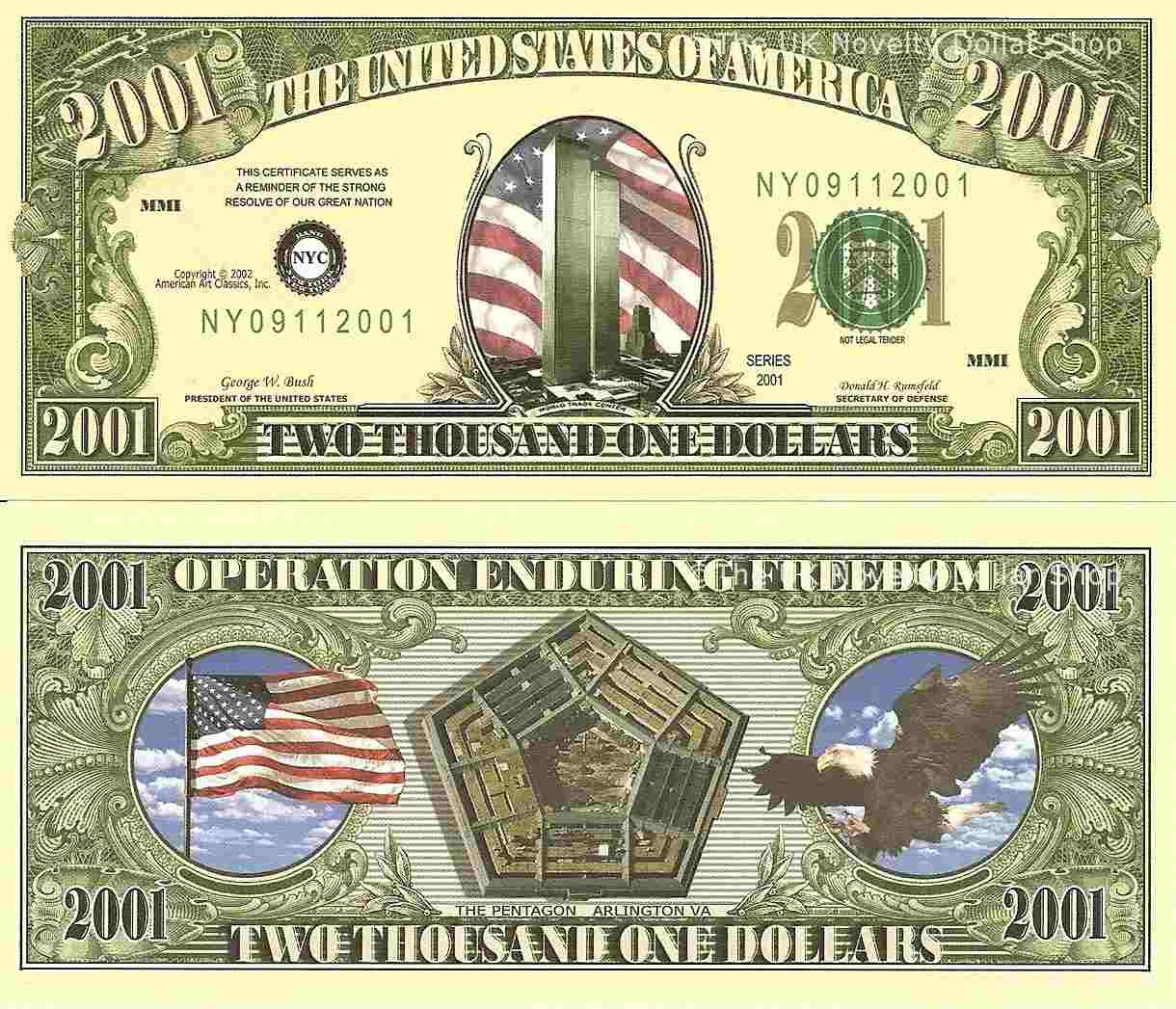 9/11 World Trade Center New York 2001 Dollar Bills x 2