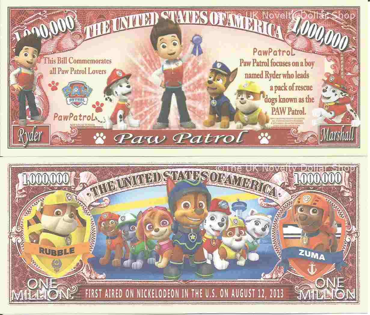 Paw Patrol Ryder Marshall Rubble Million Dollar Bills x 2 Childrens ...