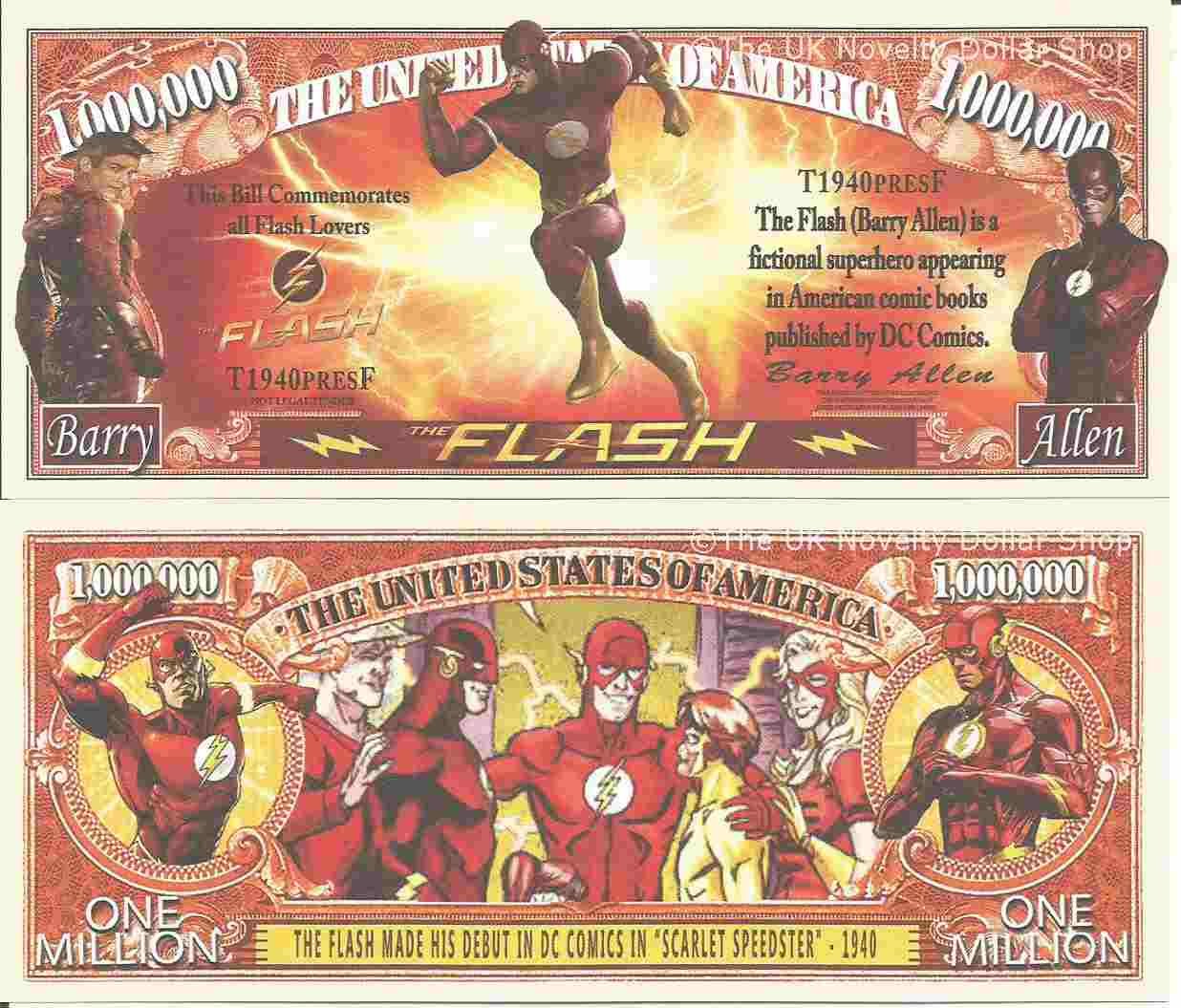 The Flash Comic Book Super Hero Million Dollar Bills x 2 Scarlet Speedster