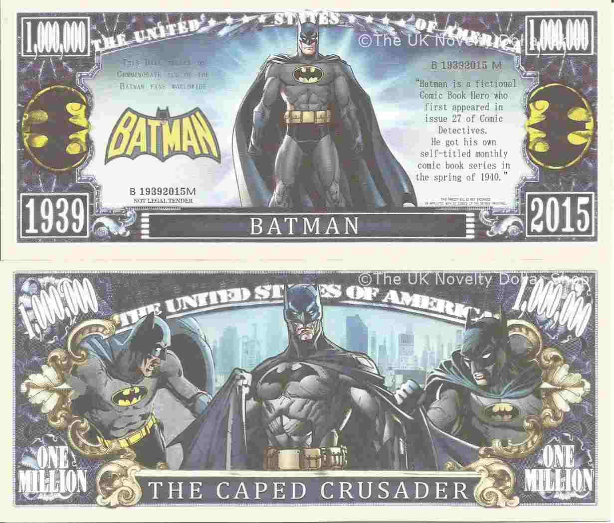 Batman The Caped Crusader Comic Book Hero Million Dollar Bills x 2 Gotham