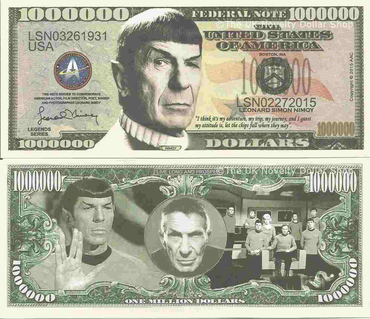 Leonard Simon Nimoy Commemorative Million Dollar Bills x 2 Spock Star Trek