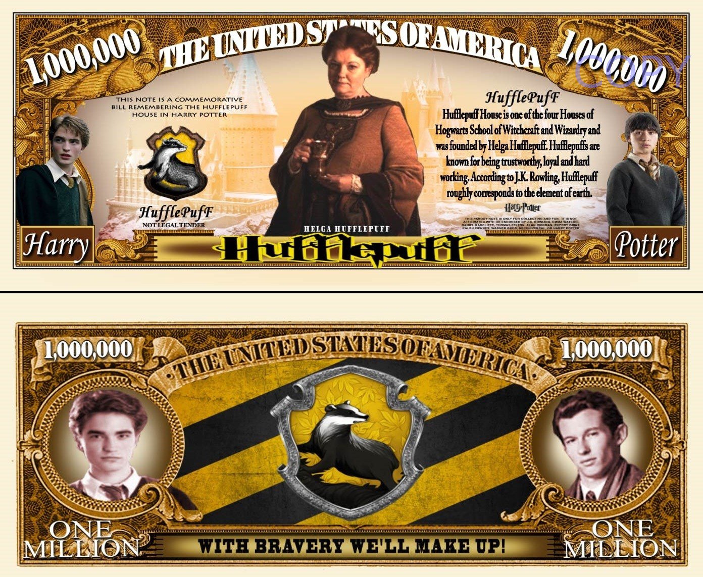 Helga Hufflepuff Harry Potter Hogwarts Witchcraft Wizardry Dollar Bills x 2