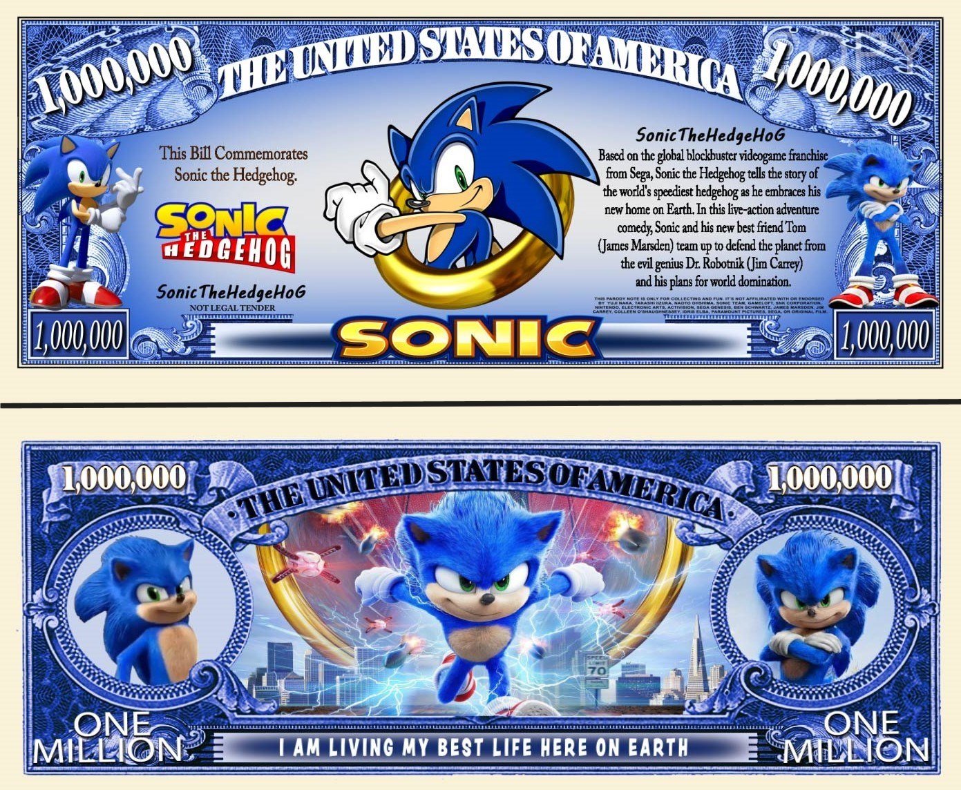 Sonic the Hedgehog Action Film Video Game Commemorative Million Dollar ...