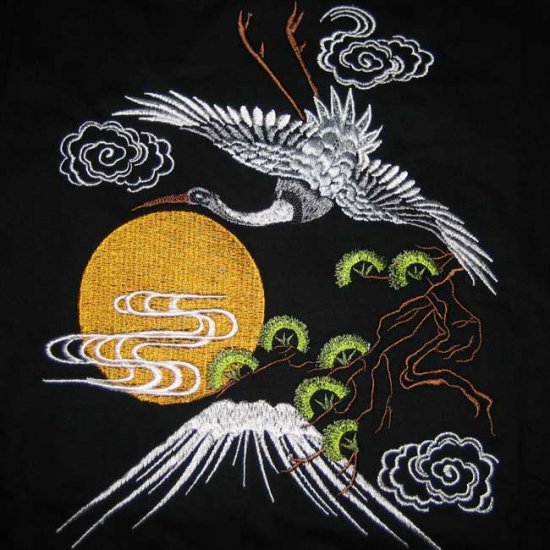 TSURU Fuji Crane Japan EMBROIDERED T-shirt M,L,XL Black