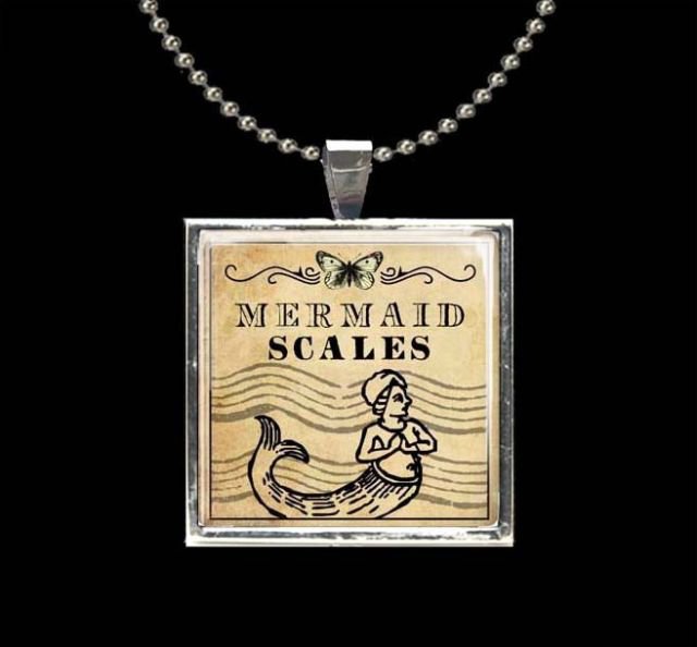 Halloween Vintage Mermaid Poison Potion Label 1" glass tile pendant ...