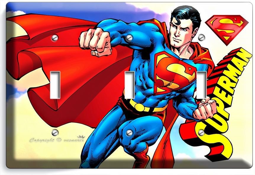RETRO SUPERMAN SUPERHERO TRIPLE LIGHT SWITCH WALL PLATE COVER BOYS ...