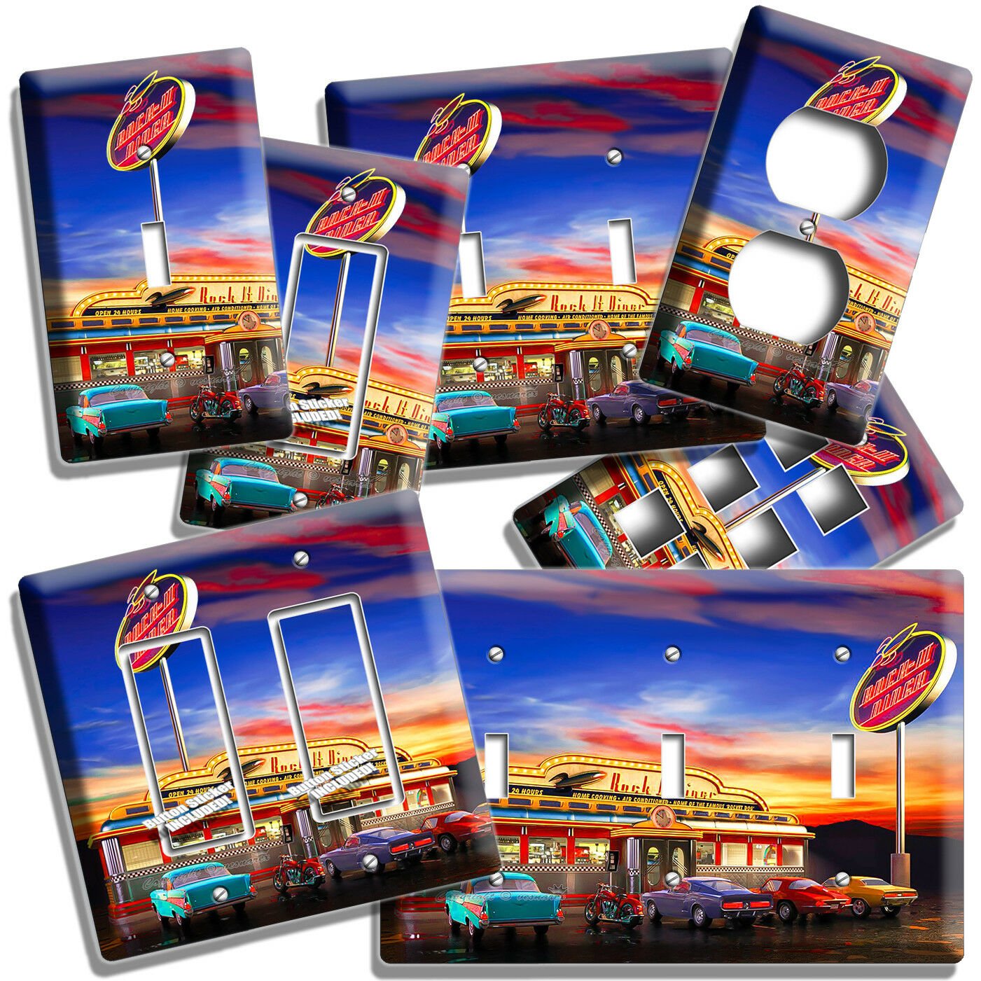 RETRO 50'S DINER CARS NEON LIGHTS LIGHT SWITCH OUTLET WALL PLATE ROOM ...