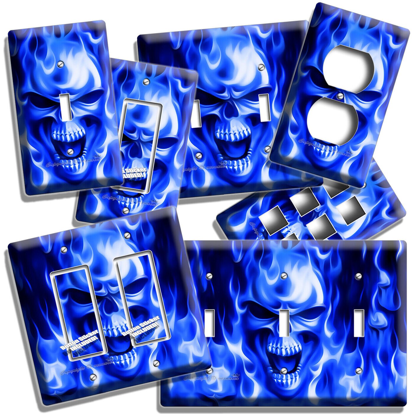 BURNING BLUE FIRE FLAMES SKULL LIGHT SWITCH OUTLET WALL PLATE MAN CAVE ...