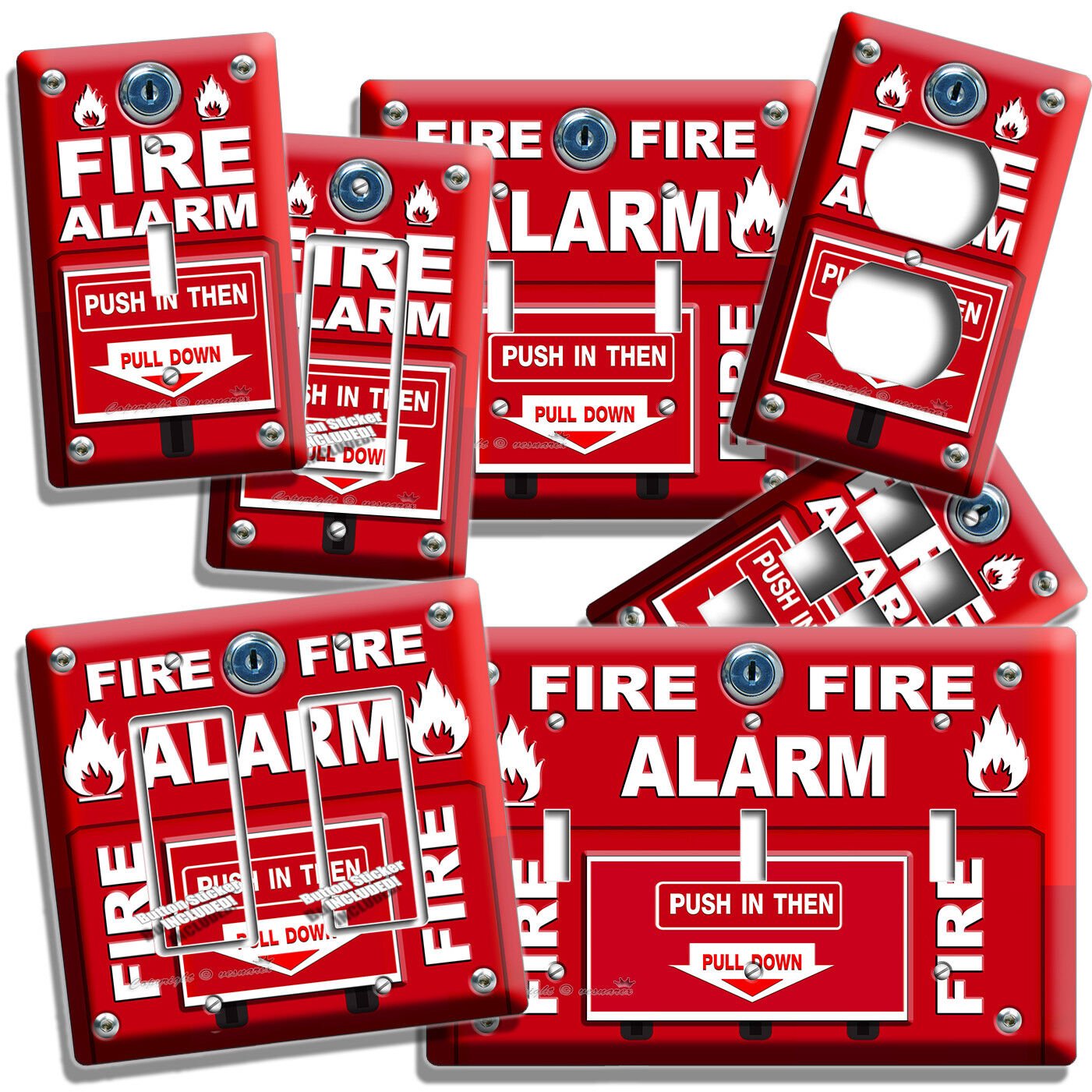 RED FIRE ALARM PULL DOWN PUSH LIGHT SWITCH OUTLET WALL PLATE MAN CAVE ...