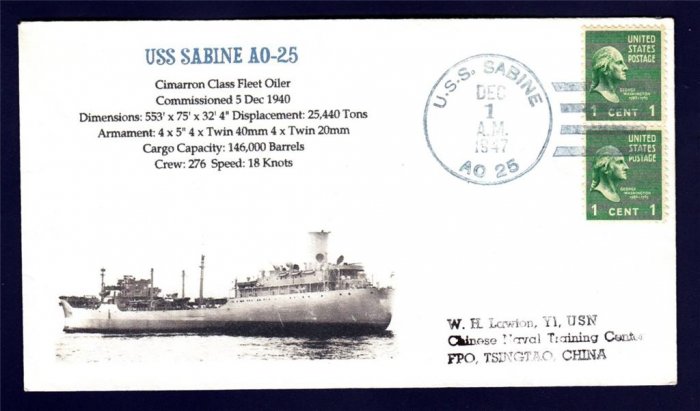 Oiler USS SABINE AO-25 1947 MHcachets Naval Cover ONLY 1 MADE