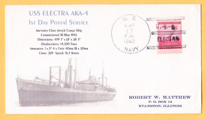 USS ELECTRA AKA-4 FDPS 1942 Naval Cover MHcachets ONLY 1 MADE