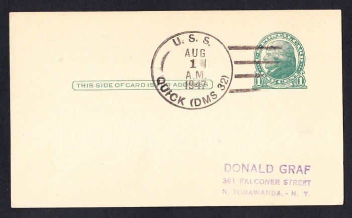 USS QUICK DMS-32 1947 Naval Cover