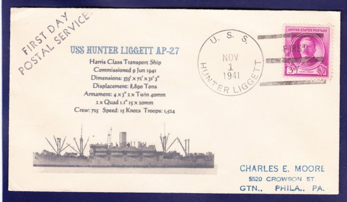 USS HUNTER LIGGETT AP-27 FDPS 1941 Naval Cover MHcachets ONLTY 1 MADE