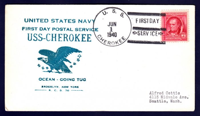 USS CHEROKEE AT-66 FDPS 1940 Naval Cover