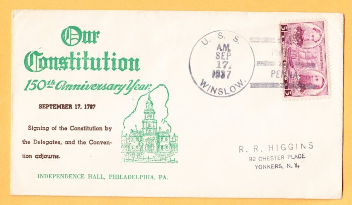 USS WINSLOW DD-359 US Constitution Anniversary 1937 Naval Cover
