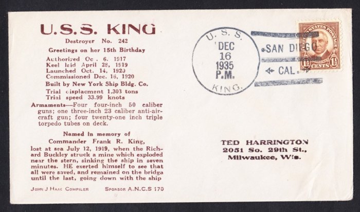 USS KING DD-242 15th Anniversary 1935 Naval Cover