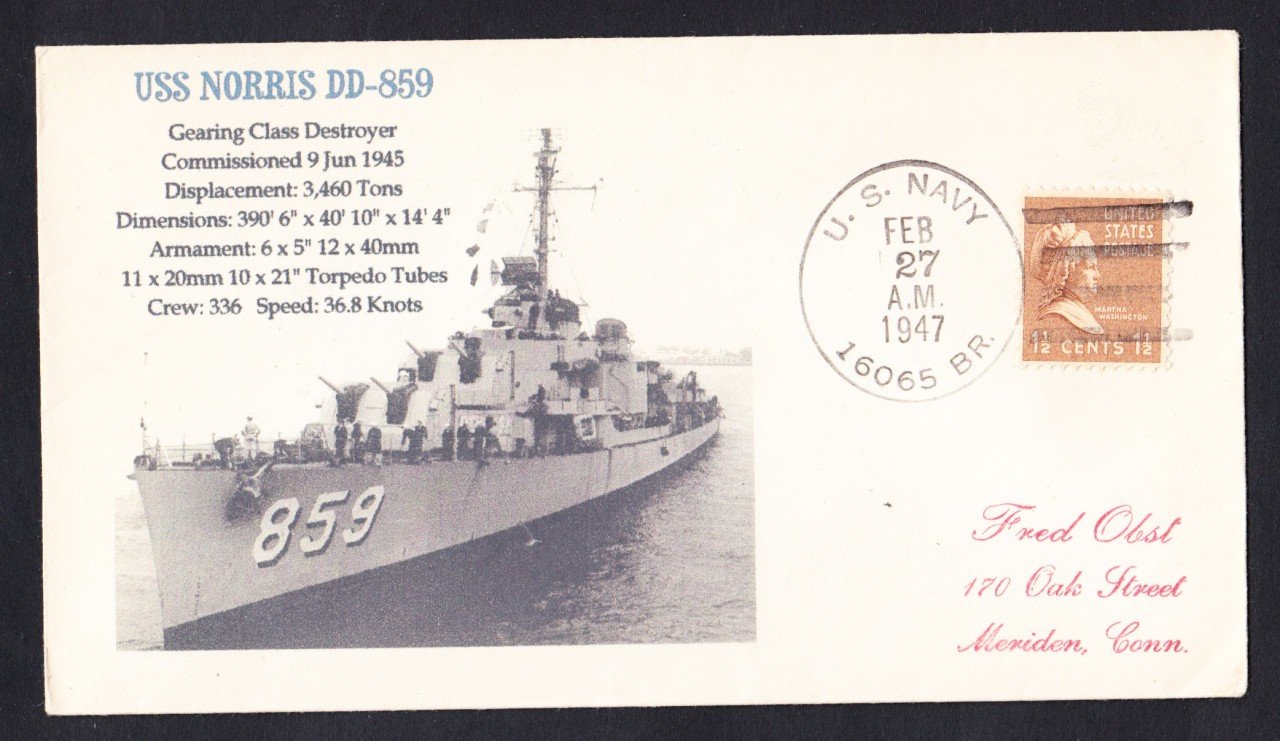 USS NORRIS DD-859 BR# Cancel 1947 Naval Cover MHcachets ONLY 1 MADE