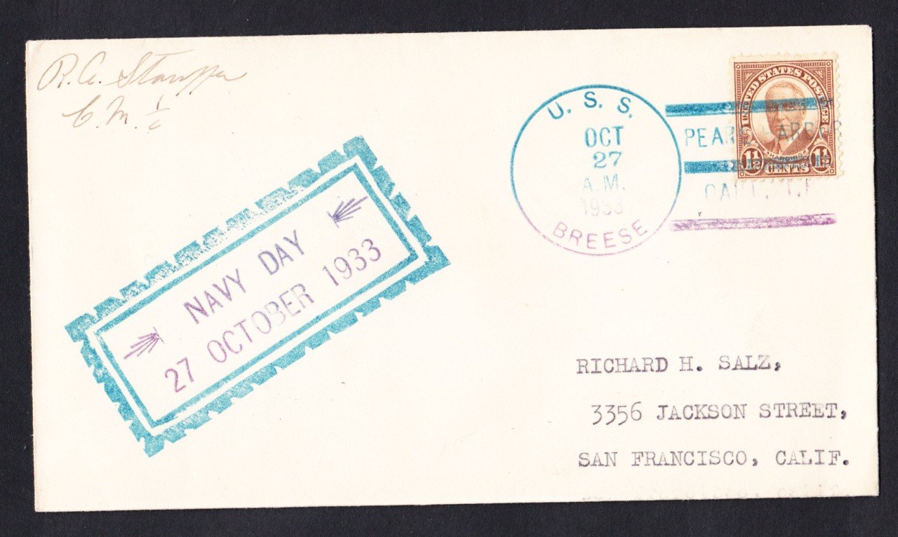 USS BREESE DM-18 Navy Day Pearl Harbor Hawaii 1933 Naval Cover