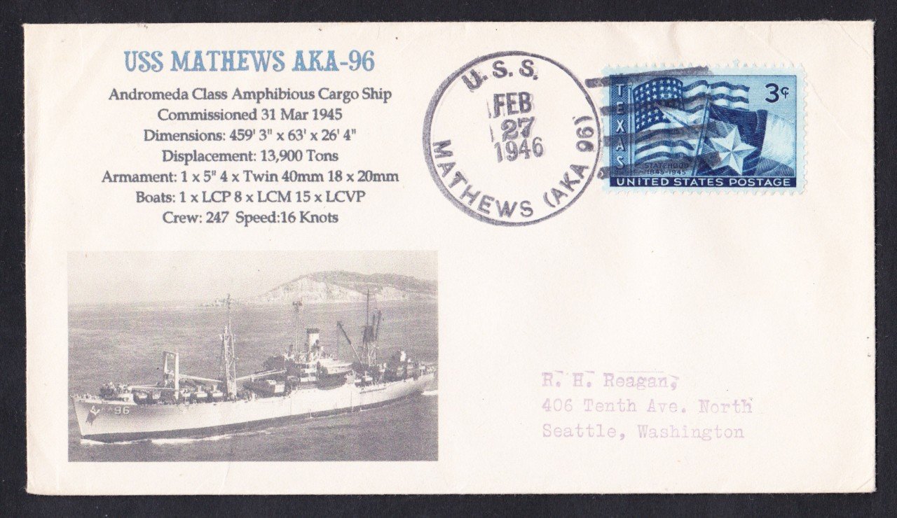 USS MATTHEWS AKA-96 1946 Naval Cover MHcachets ONLY 1 Made