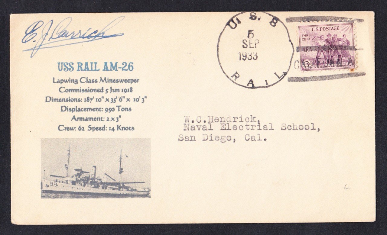 USS RAIL AM-26 1933 Naval Cover Mhcachets Only 1 Made