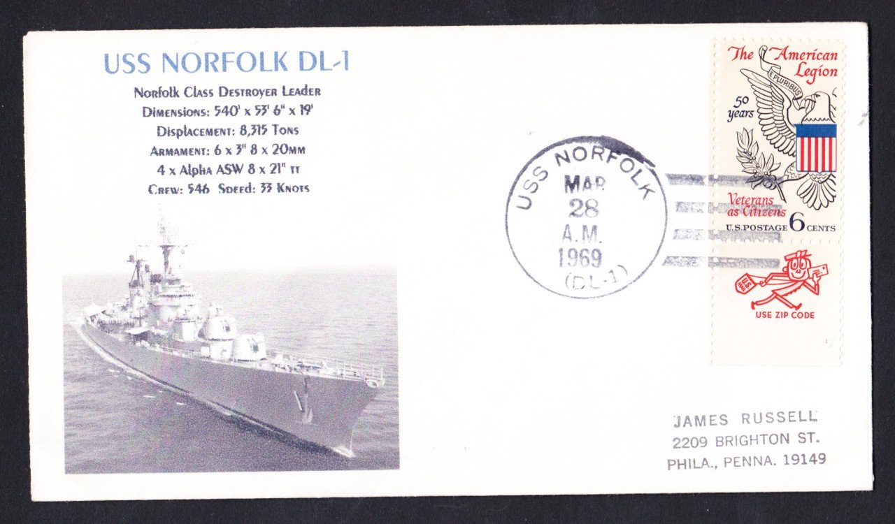 USS NORFOLK DL-1 Naval Cover MhCachets Only 1 Made