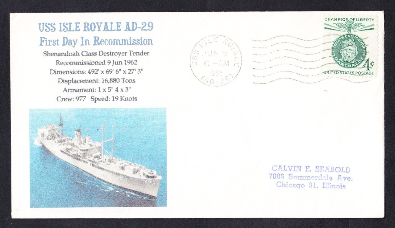 USS ISLE ROYALE AD-29 Recommissioning Naval Cover MhCachets Only 1 Made