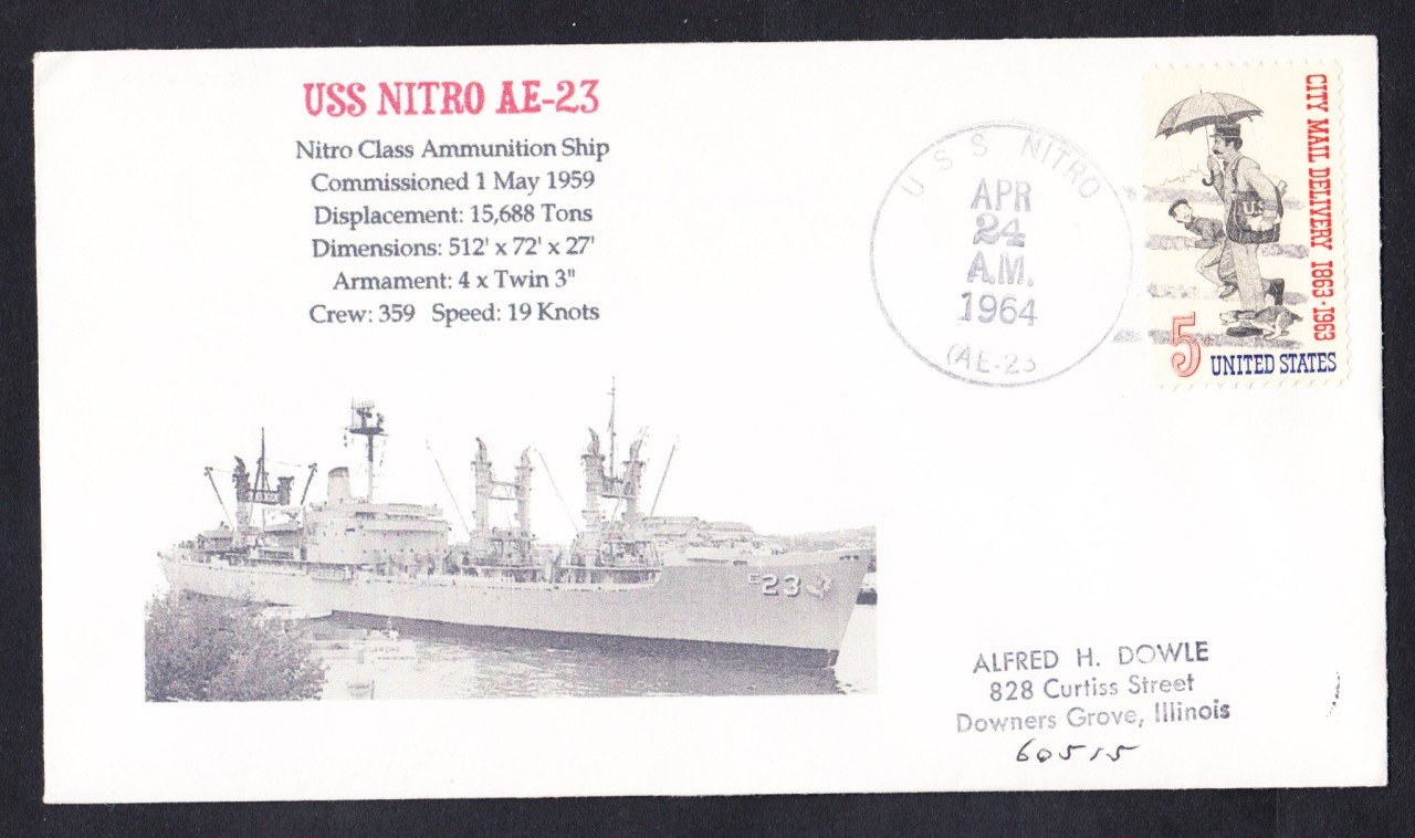 USS NITRO AE-23 Naval Cover MhCachets Only 1 Made