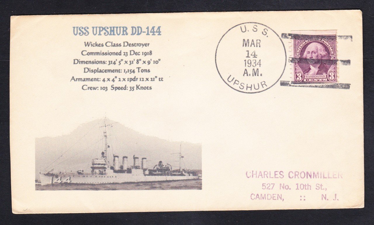 Destroyer USS UPSHUR DD-144 1934 Naval Cover MhCachets ONLY 1 MADE
