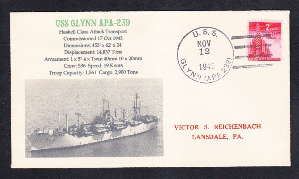 WWII Attack Transport USS GLYNN APA-239 1945 Naval Cover MhCachets ONLY 1 MADE