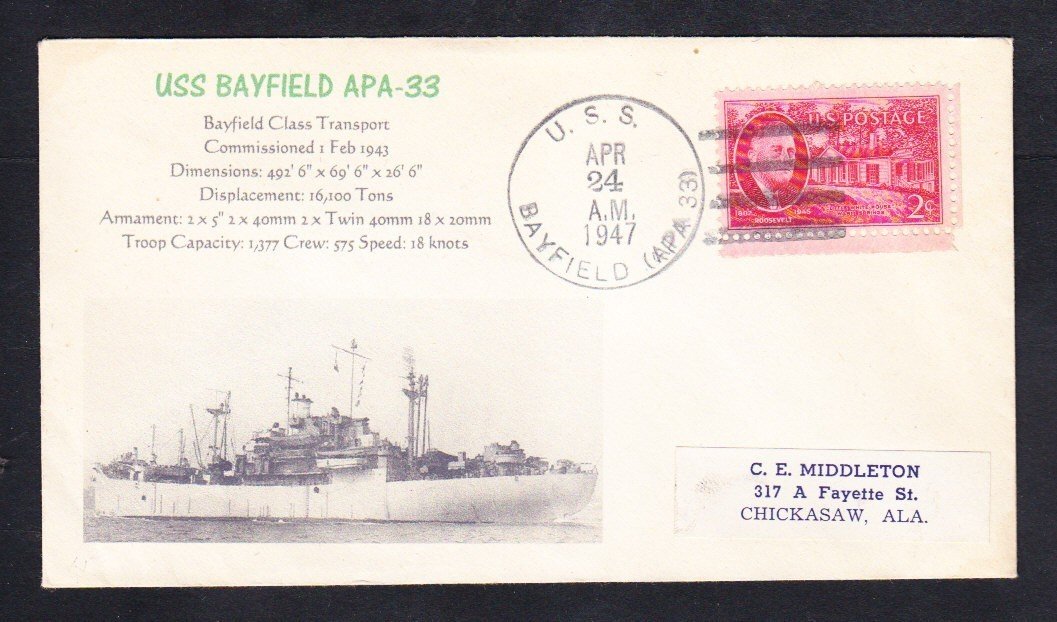 WWII Attack Transport USS BAYFIELD APA-33 Naval Cover MhCachets 1 MADE