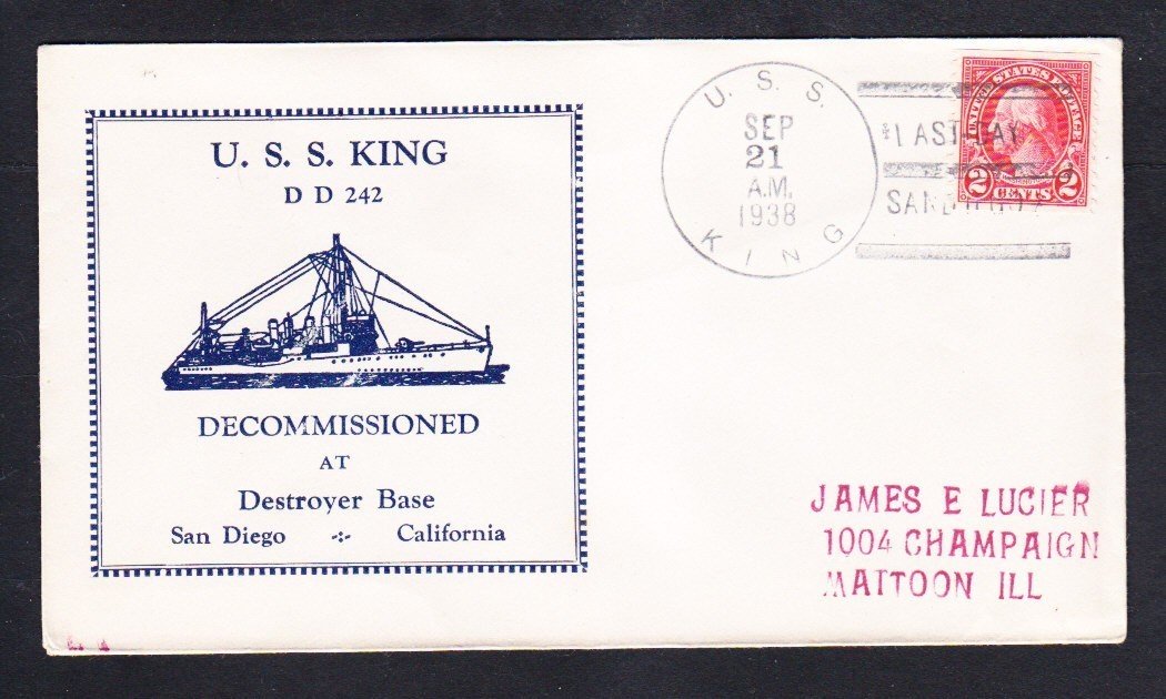 Destroyer USS KING DD-242 DECOMMISSIONING 1938 Naval Cover
