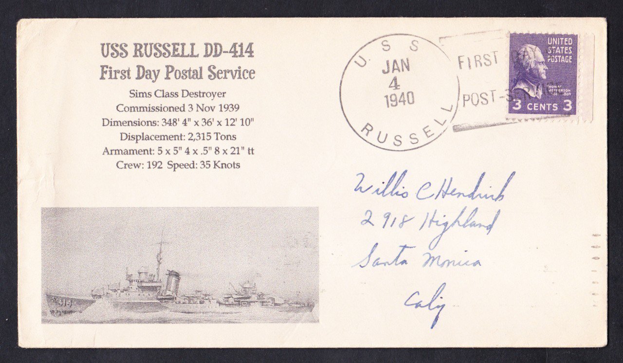 WWII Destroyer USS RUSSELL DD-414 FDPS 1940 Naval Cover MhCachets 1 MADE
