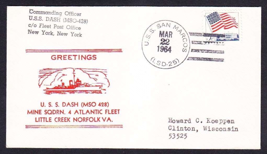 Minesweeper USS DASH MSO-428 Greetings Norfolk VA Naval Cover