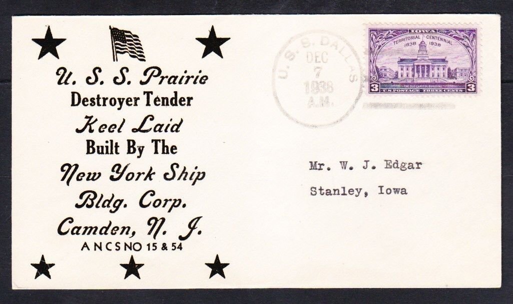 Destroyer Tender USS PRAIRIE AD-15 Keel Laying 1938 Naval Cover